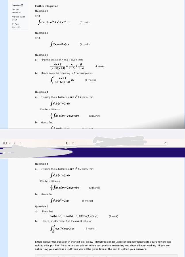 Solved ∫cos(x)+e5x+x3+x−1dx ( 5 marks) Question 2 Find | Chegg.com
