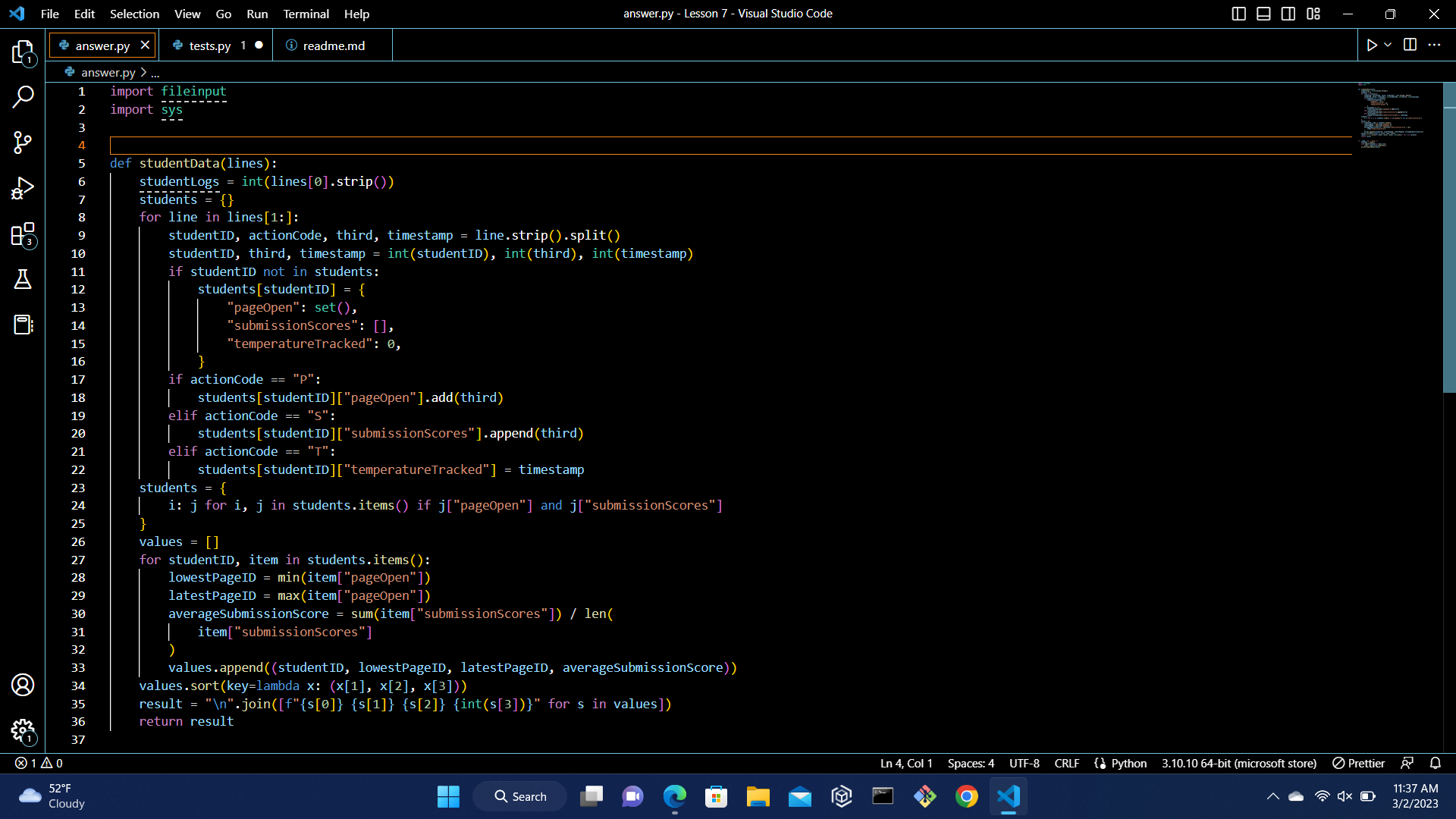 answer.py - Lesson 7 - Visual Studio Code answer.py | Chegg.com