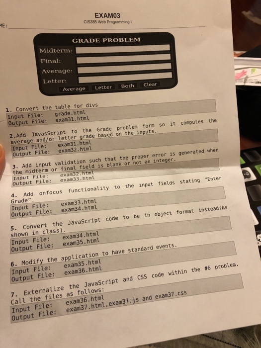 EXAM03 CIS385 Web Programming I ME GRADE PROBLEM | Chegg.com