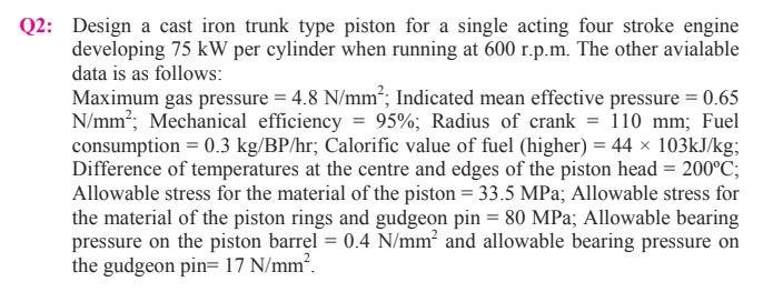 Solved Q2: Design a cast iron trunk type piston for a single | Chegg.com