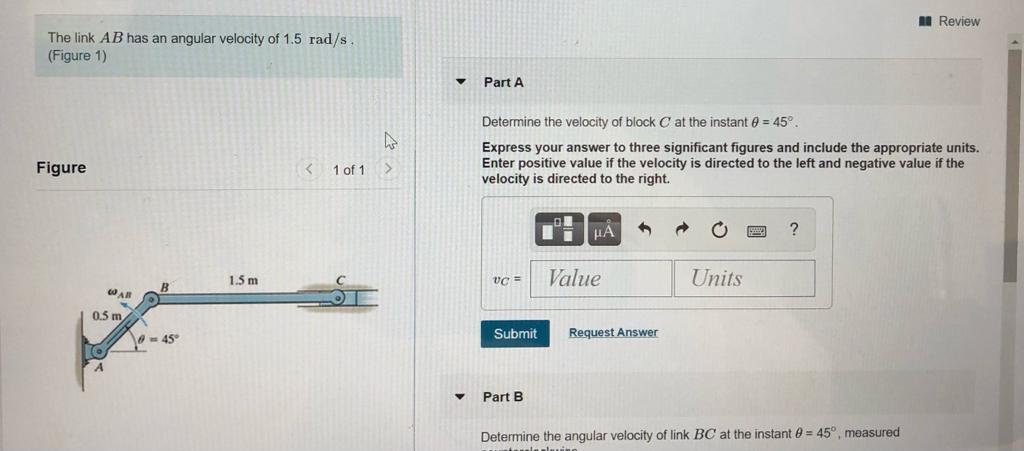 Solved A Review The link AB has an angular velocity of 1.5 | Chegg.com