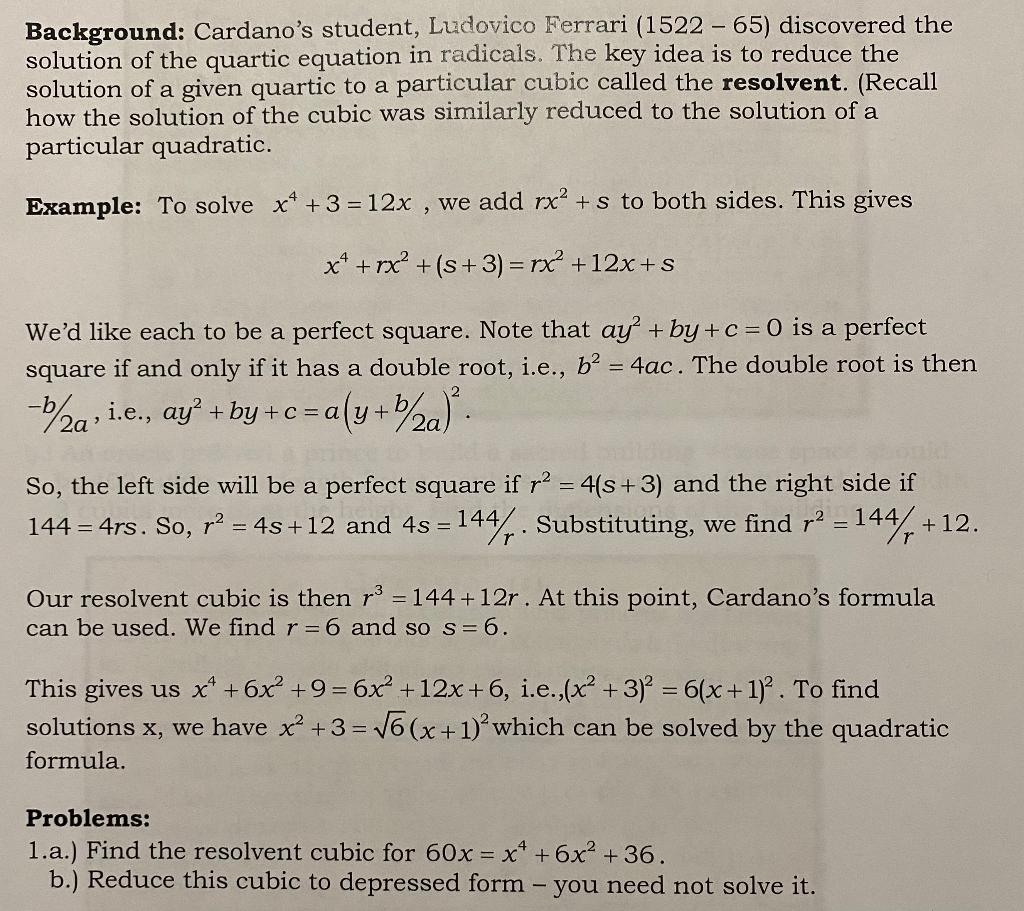 Solved Background: Cardano's student, Ludovico Ferrari (1522 | Chegg.com