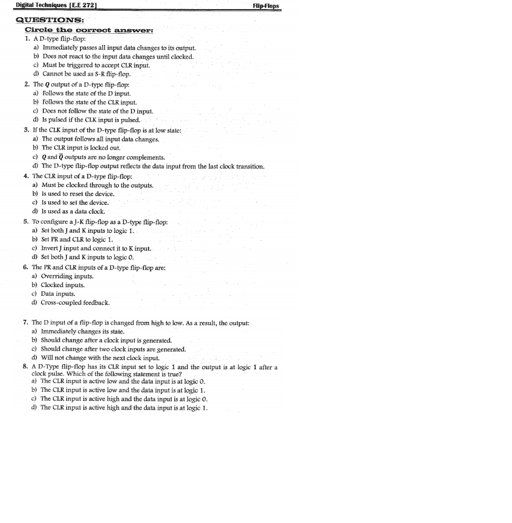 Solved Digital Techniques (E.E 272) Flip-Flops QUESTIONS: | Chegg.com