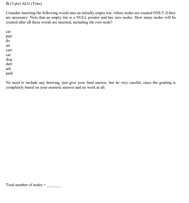 Solved 3) (5 pts) ALG (Tries) Consider inserting the | Chegg.com