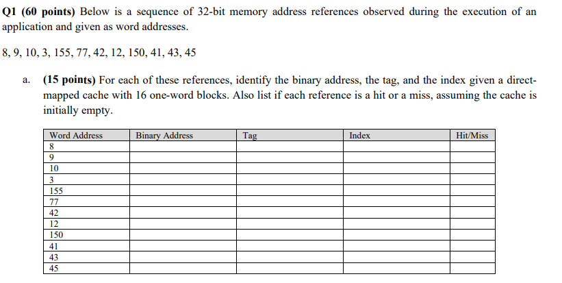 Solved (60 points) Below is a sequence of 32-bit memory | Chegg.com