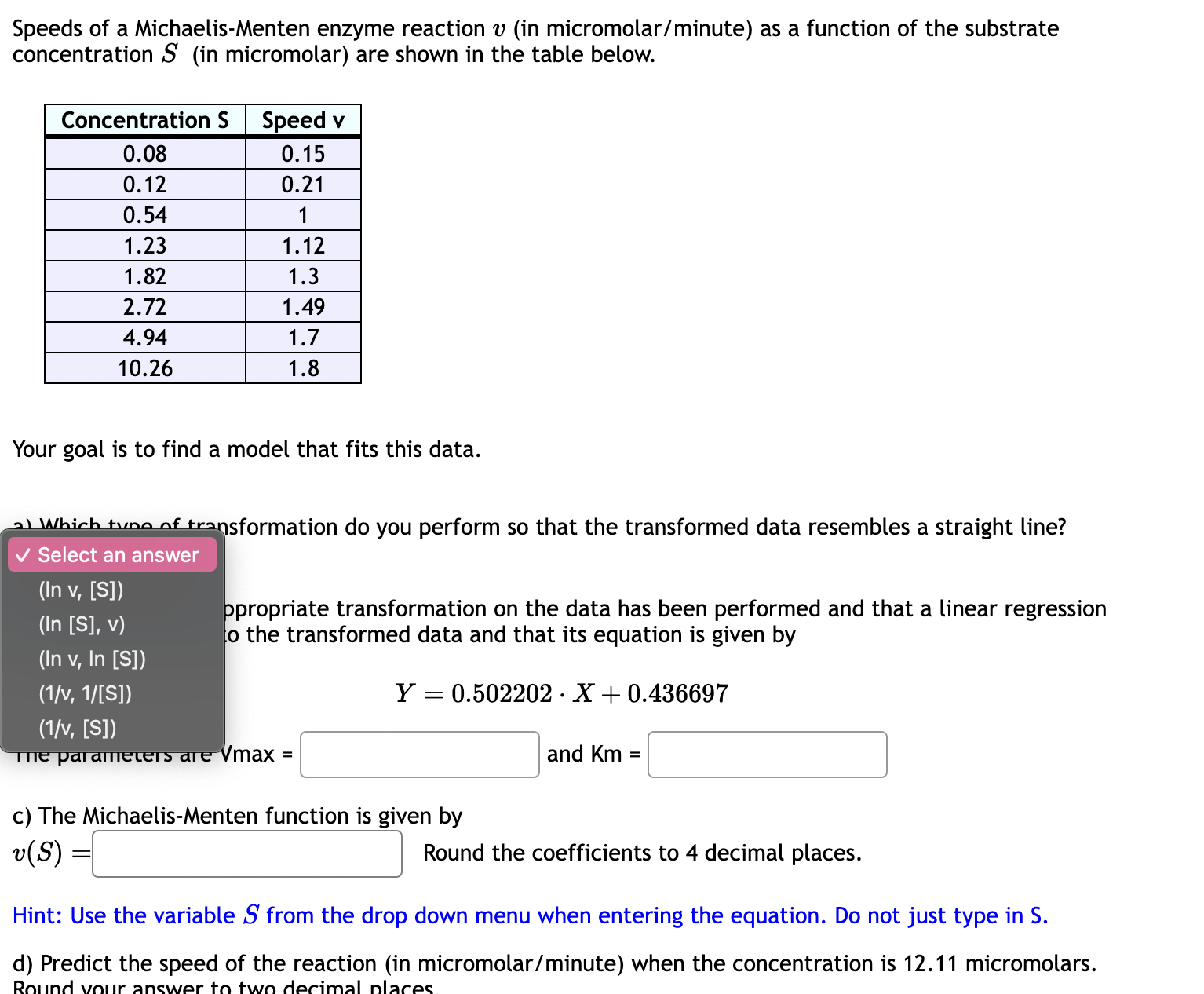 Solved Speeds of a Michaelis-Menten enzyme reaction v (in | Chegg.com