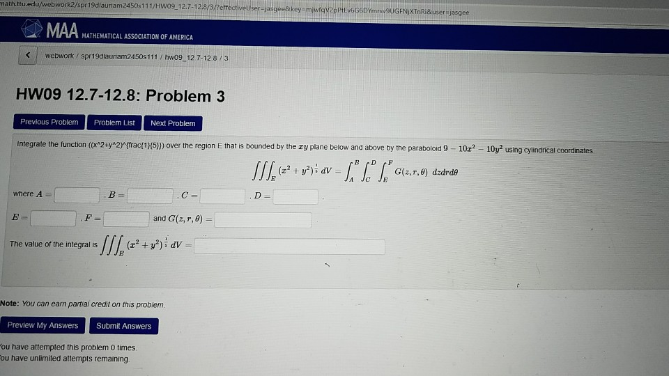Solved math.ttu.edu/webwork2/spr19dlauriam2450s111/HW09 | Chegg.com