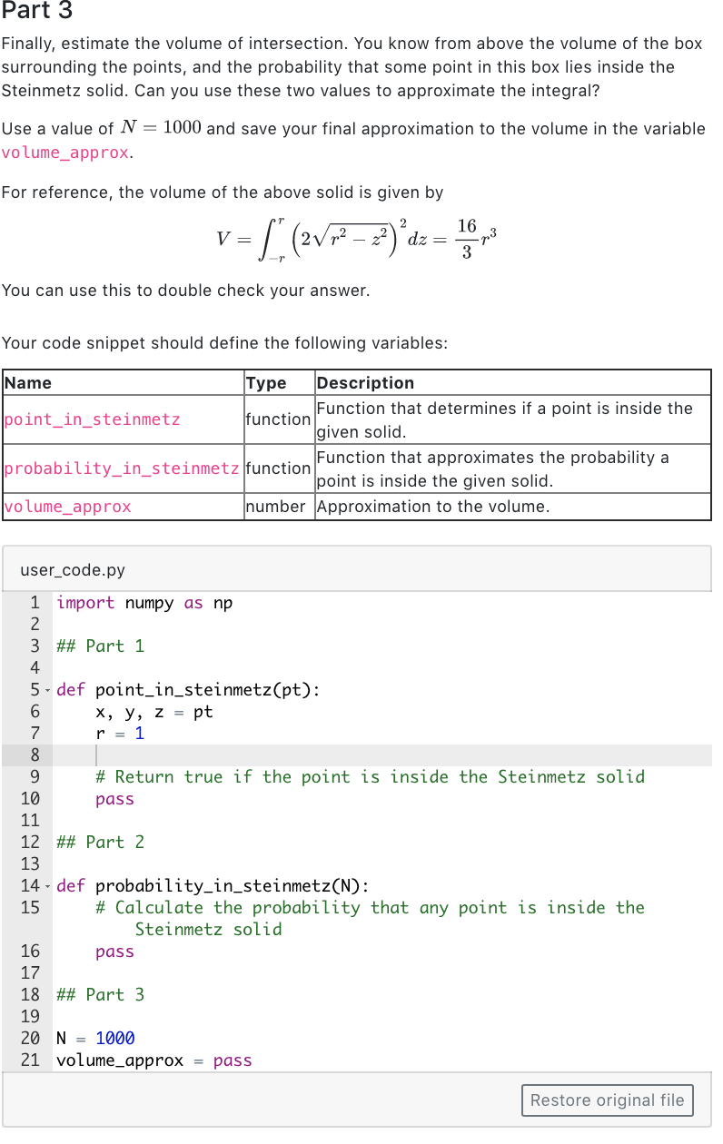 Solved Calculating a Volume of Intersection One of the most | Chegg.com