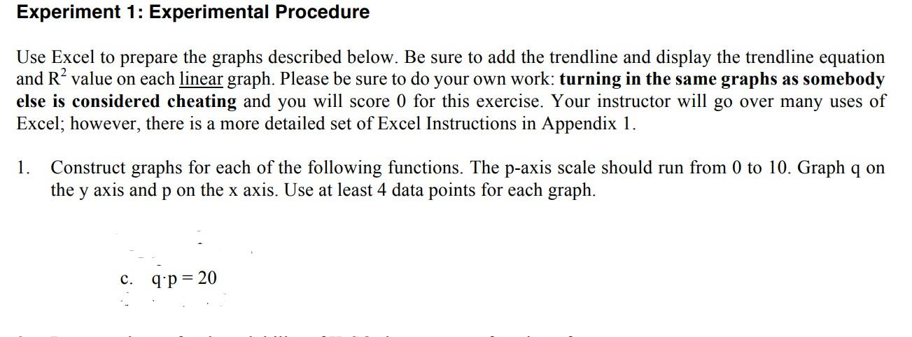 Solved Experiment 1: Experimental Procedure Use Excel to | Chegg.com