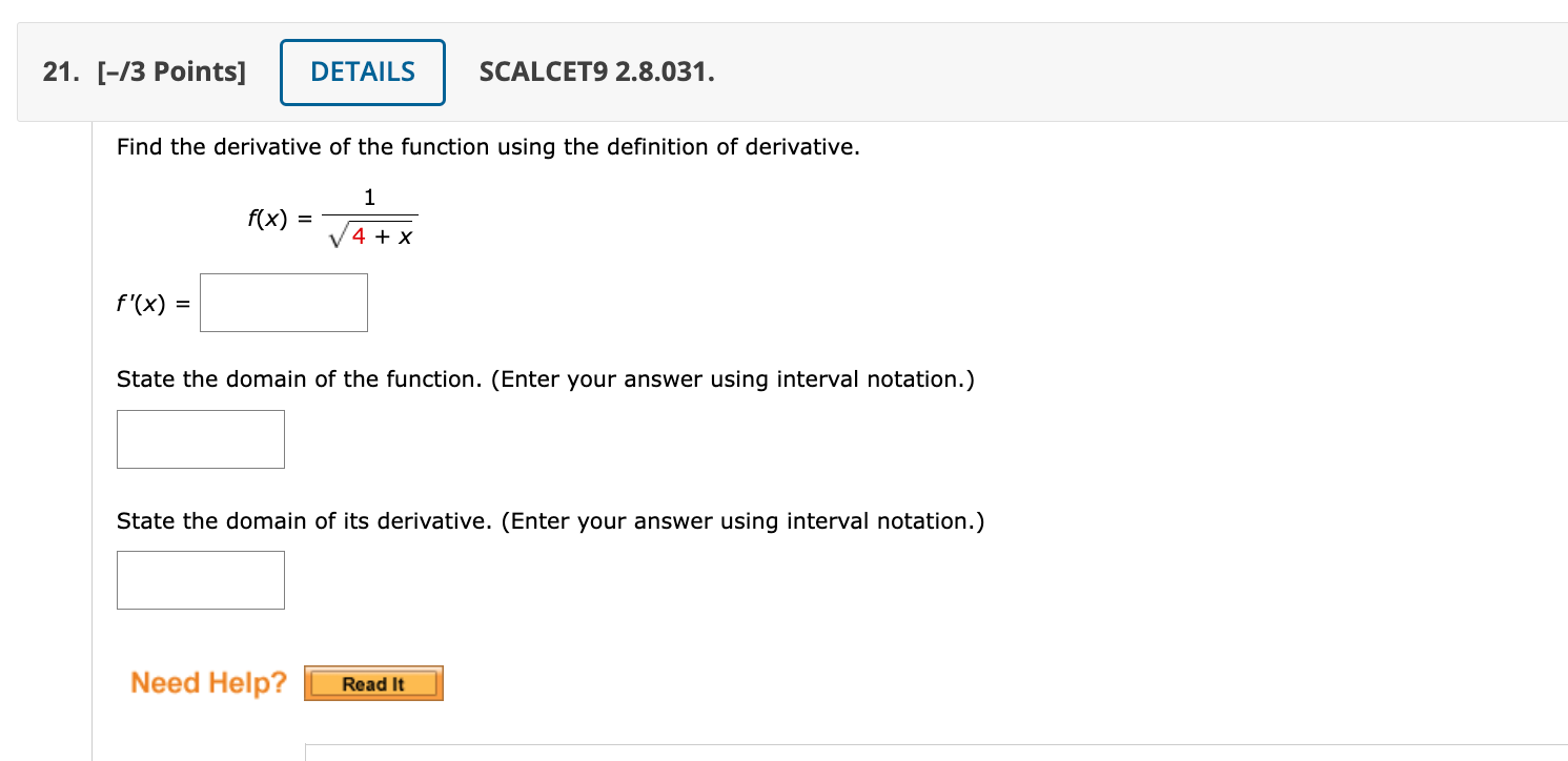 Solved [-/3 Points] SCALCET9 2.8.031. Find the derivative of | Chegg.com