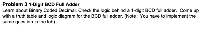 Solved Problem 3 1-Digit BCD Full Adder Learn about Binary | Chegg.com