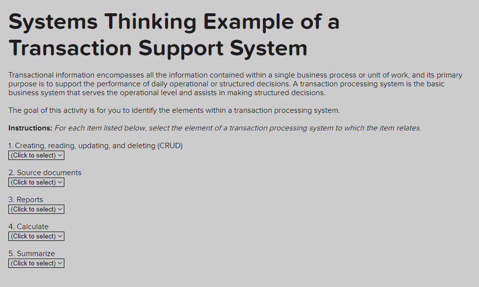 Solved Systems Thinking Example of a Transaction Support | Chegg.com