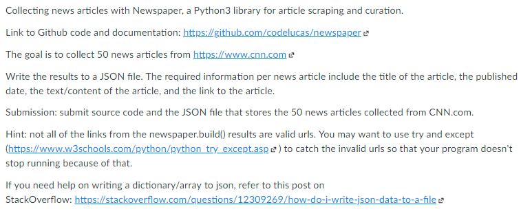 Collecting news articles with Newspaper, a Python3 | Chegg.com