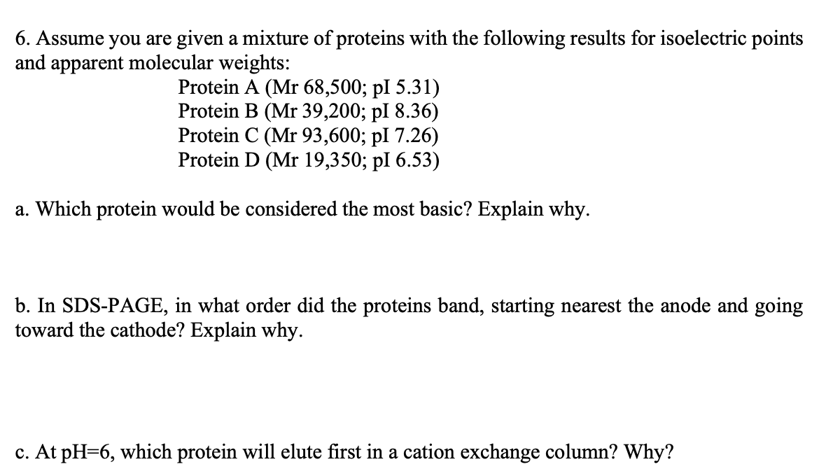 Solved 6. Assume you are given a mixture of proteins with | Chegg.com
