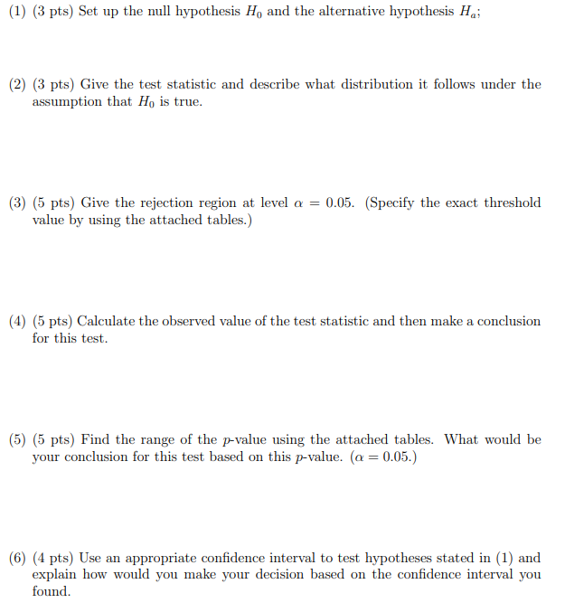 Solved (1) (3 pts) Set up the null hypothesis H0 and the | Chegg.com