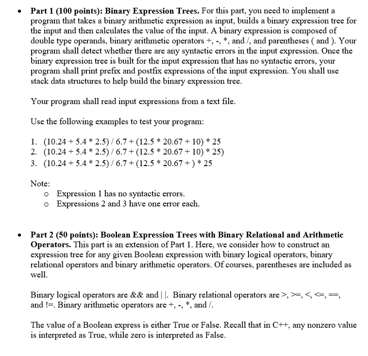 Part 1 (100 points): Binary Expression Trees. For | Chegg.com