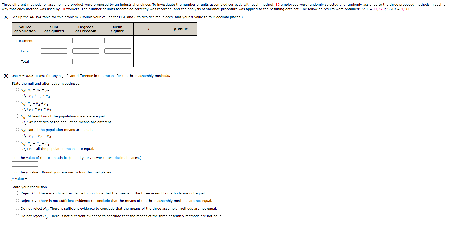 Solved (a) Set up the ANOVA table for this problem. (Round | Chegg.com