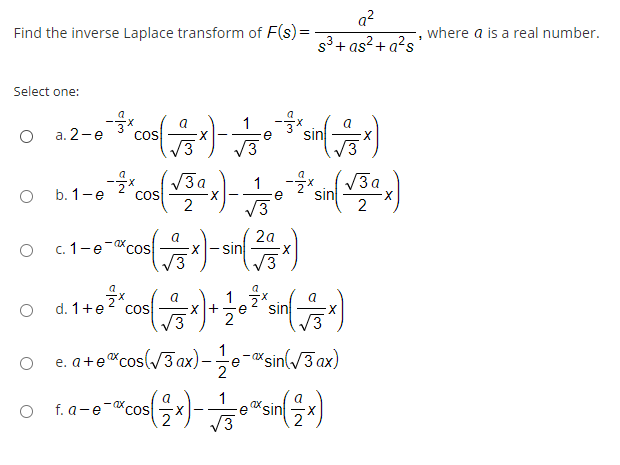 Solved Find the inverse Laplace transform of F(s)= a2 | Chegg.com