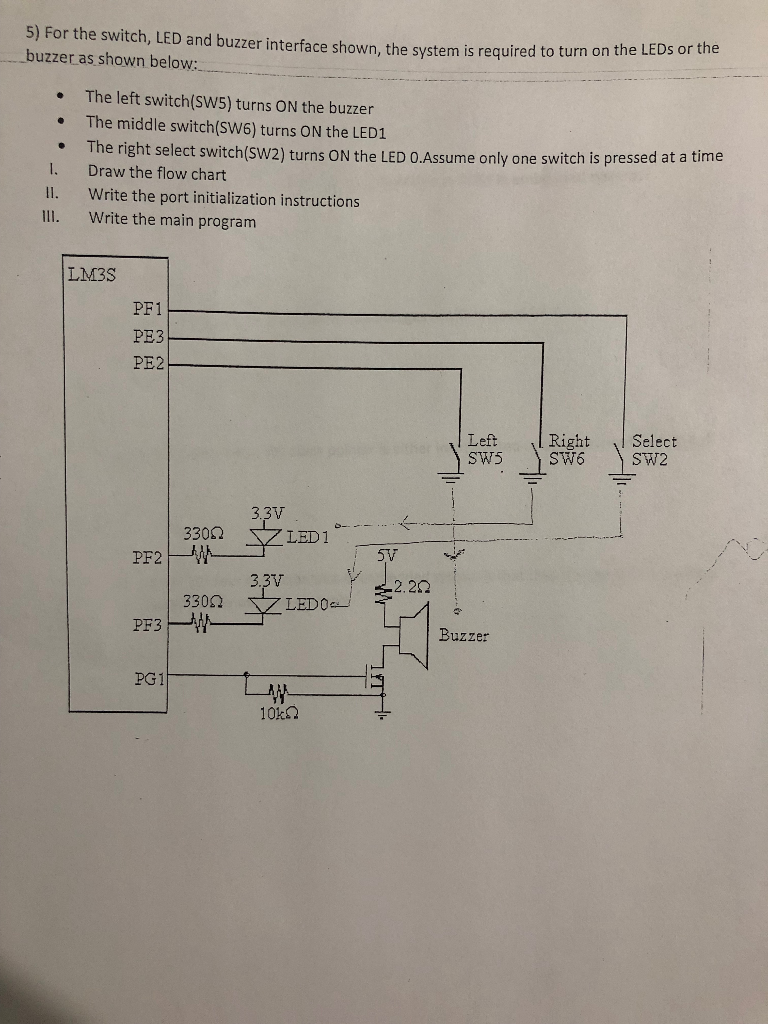 Solved 5) For the switch, LED and buzzer interface shown, | Chegg.com