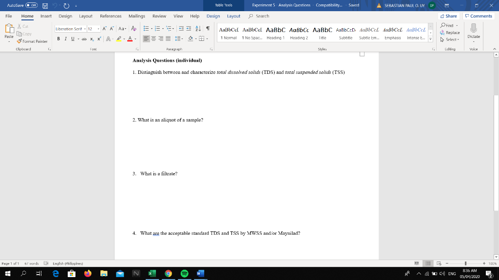 Solved AutoSave CH H 2 0 . Table Tools Experiment 5 - | Chegg.com