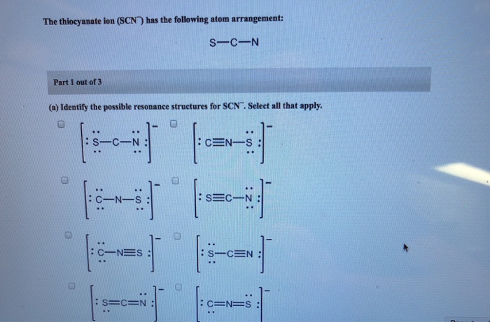 Solved The thiocyanate ion (SCN has the following atom | Chegg.com