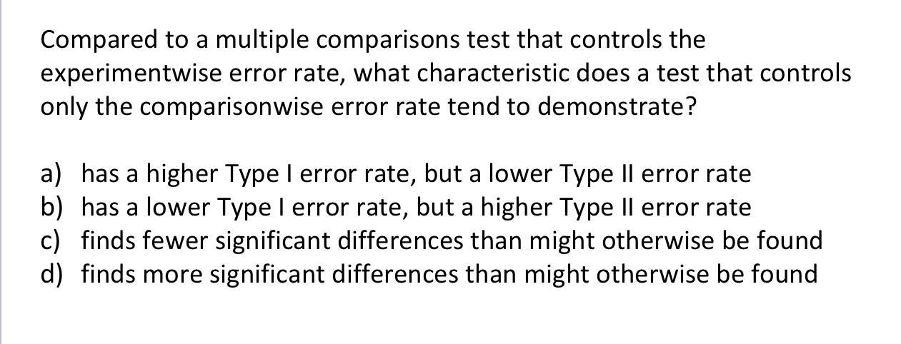 Solved Compared to a multiple comparisons test that controls | Chegg.com