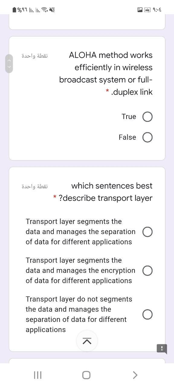 Solved 1%9711... P9:- نقطة واحدة ALOHA method works | Chegg.com