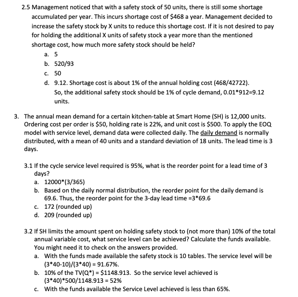 Solved 2 5 Management Noticed That With A Safety Stock Of 50 Chegg