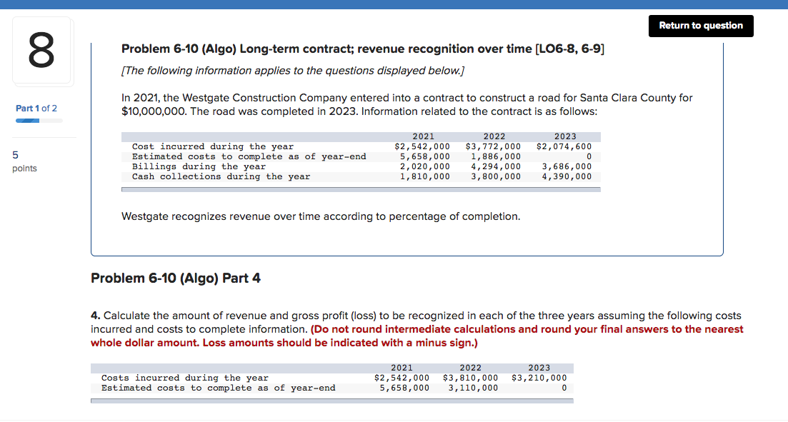 Solved Problem 6-10 (Algo) Long-term contract; revenue | Chegg.com