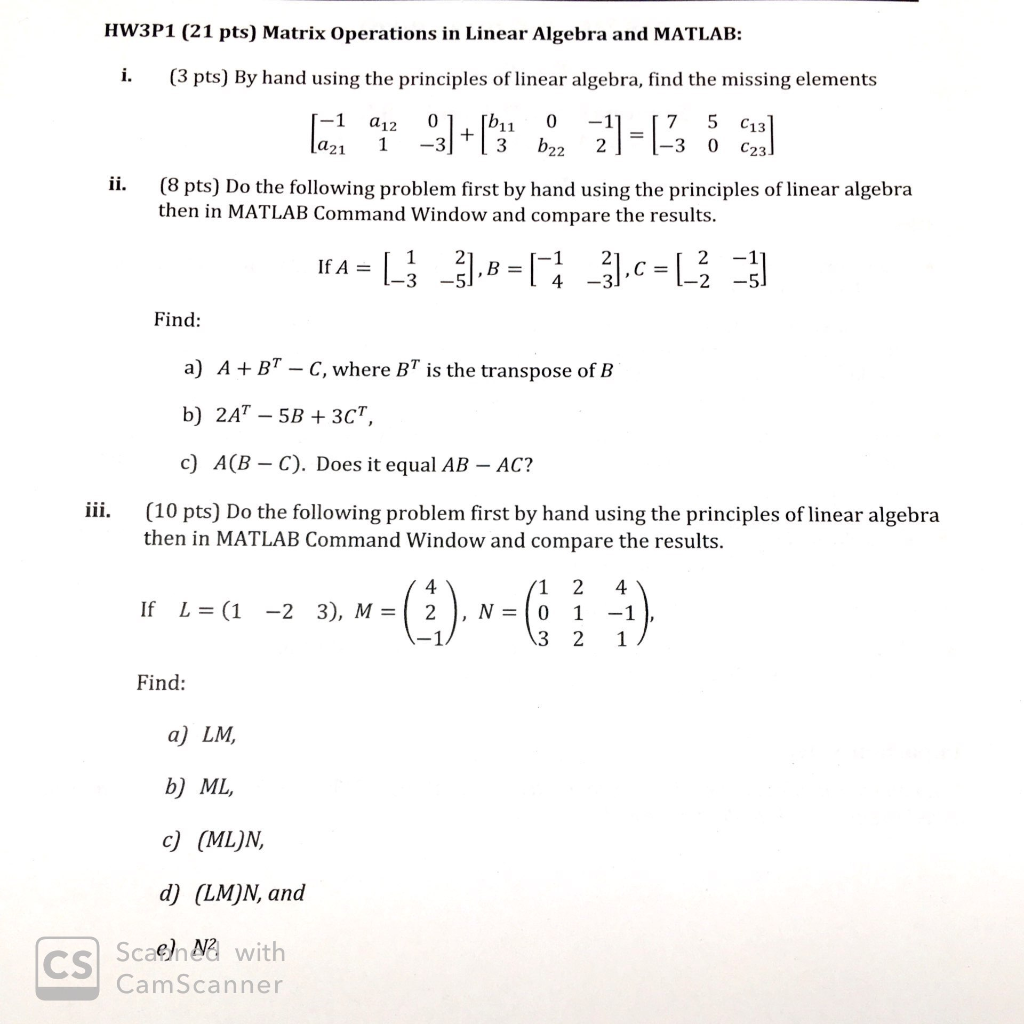 Solved Hw3p1 21 Pts Matrix Operations In Linear Algebra 3647