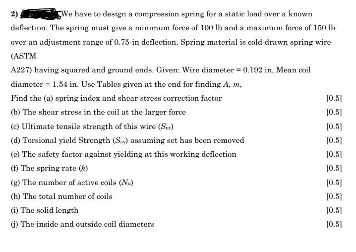 Solved 2) We have to design a compression spring for a | Chegg.com
