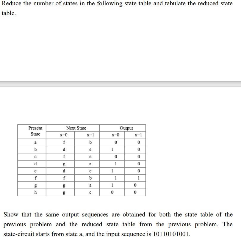 Solved Reduce the number of states in the following state | Chegg.com