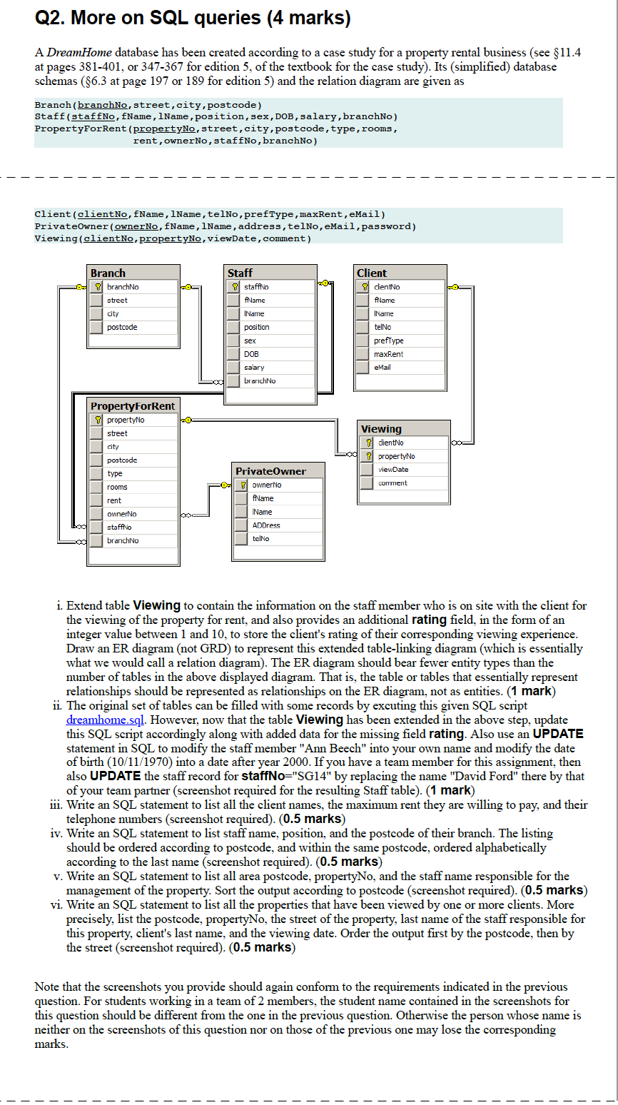 Solved Q2. More on SQL queries (4 marks) A DreamHome | Chegg.com