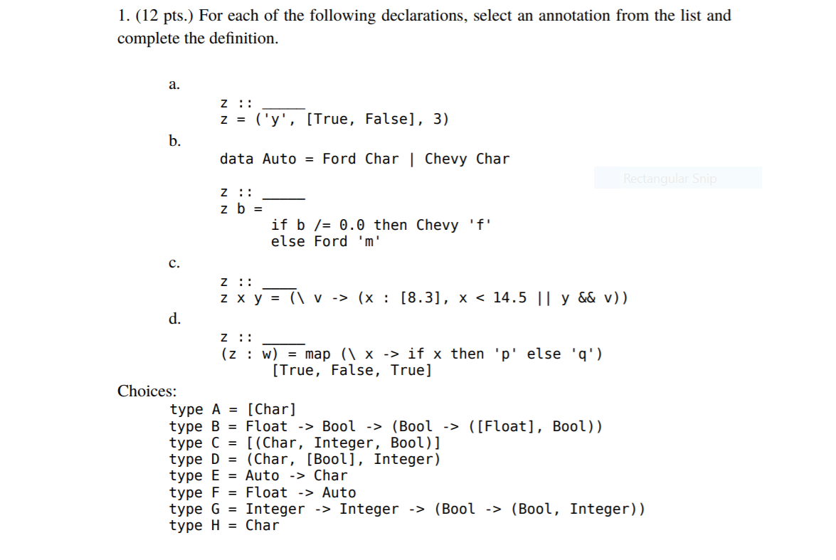 Solved 1. (12 pts.) For each of the following declarations, | Chegg.com