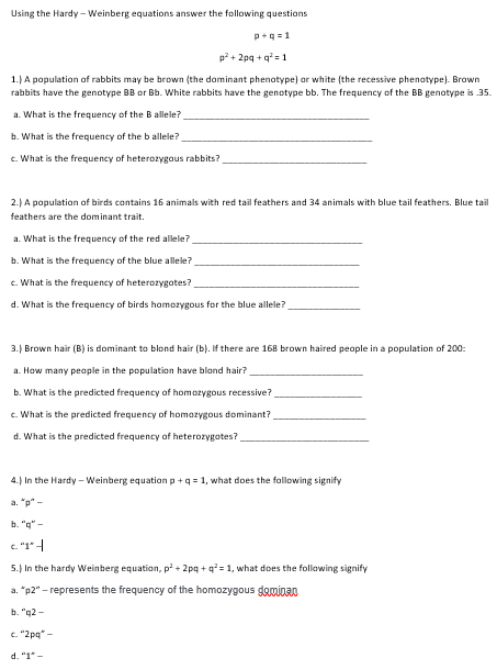 Solved Using The Hardy Weinberg Equations Answer The