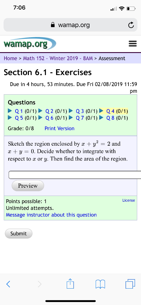 Solved 7:06 a wamap.org wamap.org Home > Math 152 Winter | Chegg.com