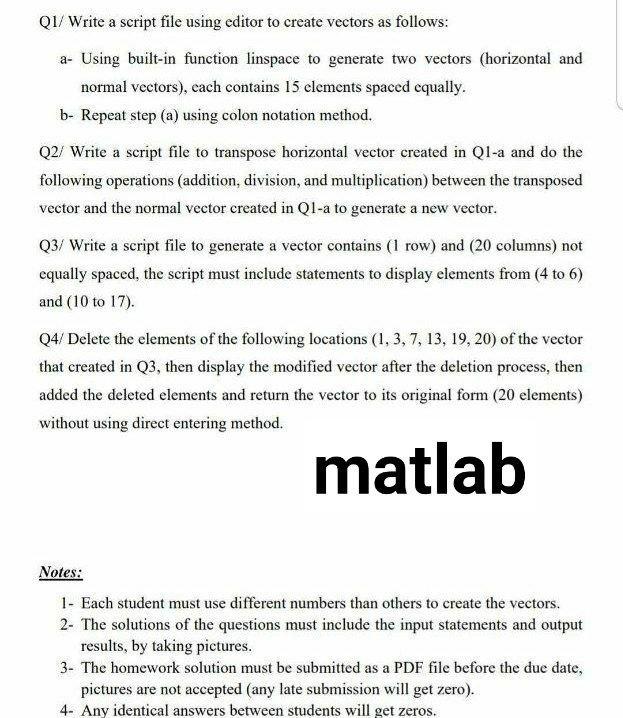 Solved QI/Write a script file using editor to create vectors | Chegg.com