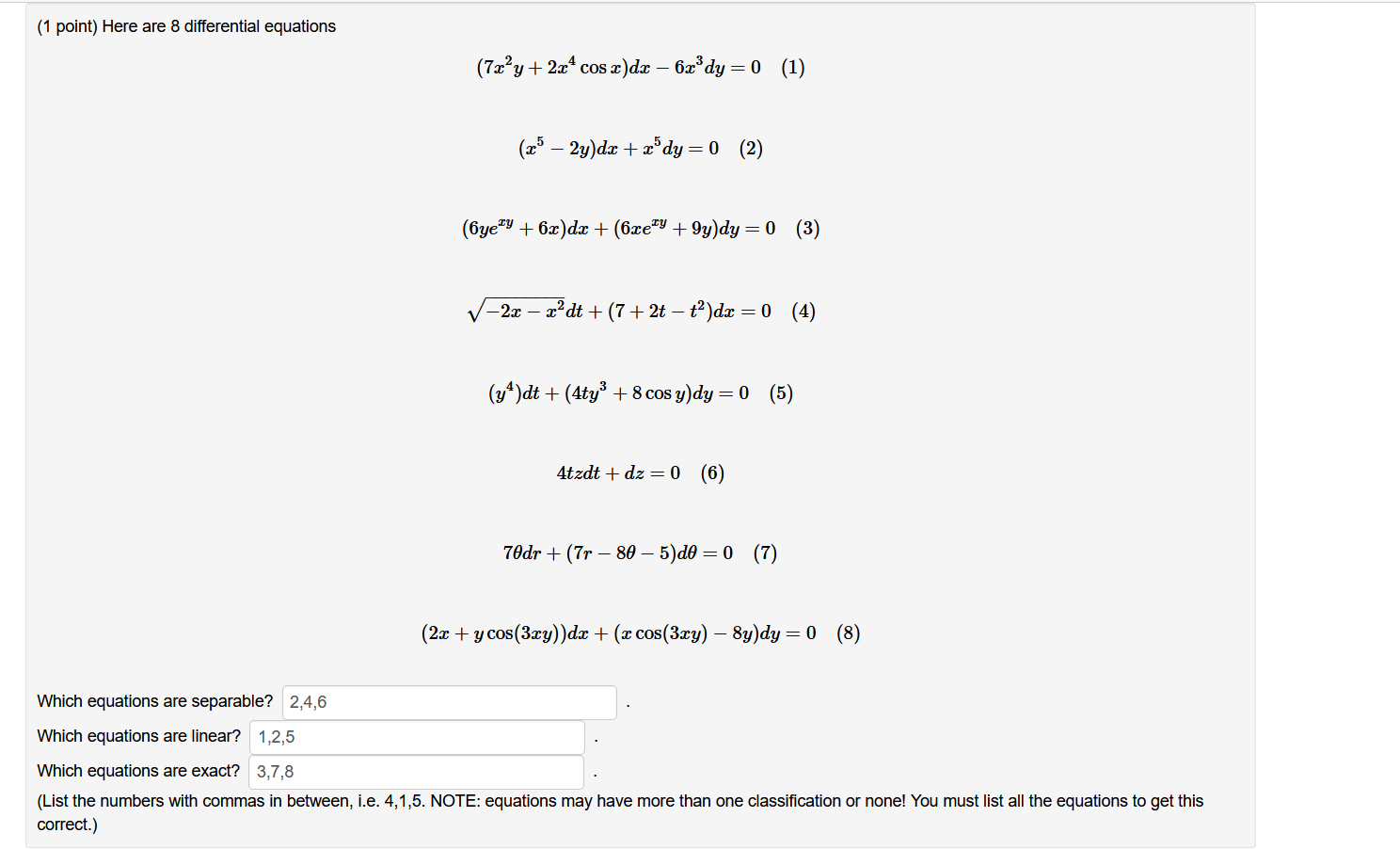 Solved ( 1 point) Here are 8 differential equations | Chegg.com