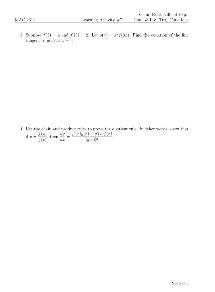 Solved Chain Rule; Diff. of Exp., Log., & Inv. Trig. | Chegg.com