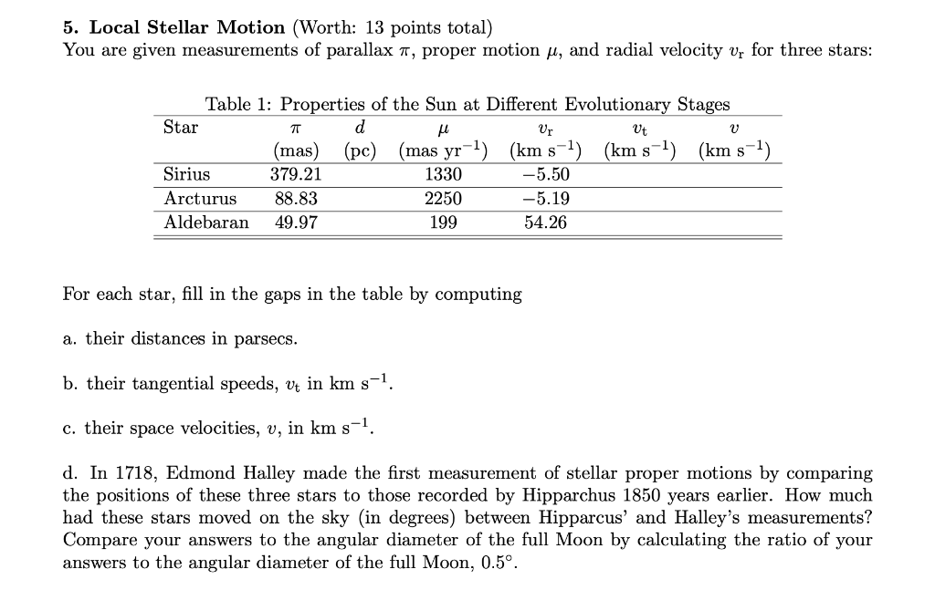 Solved 5. Local Stellar Motion (Worth: 13 points total) You | Chegg.com