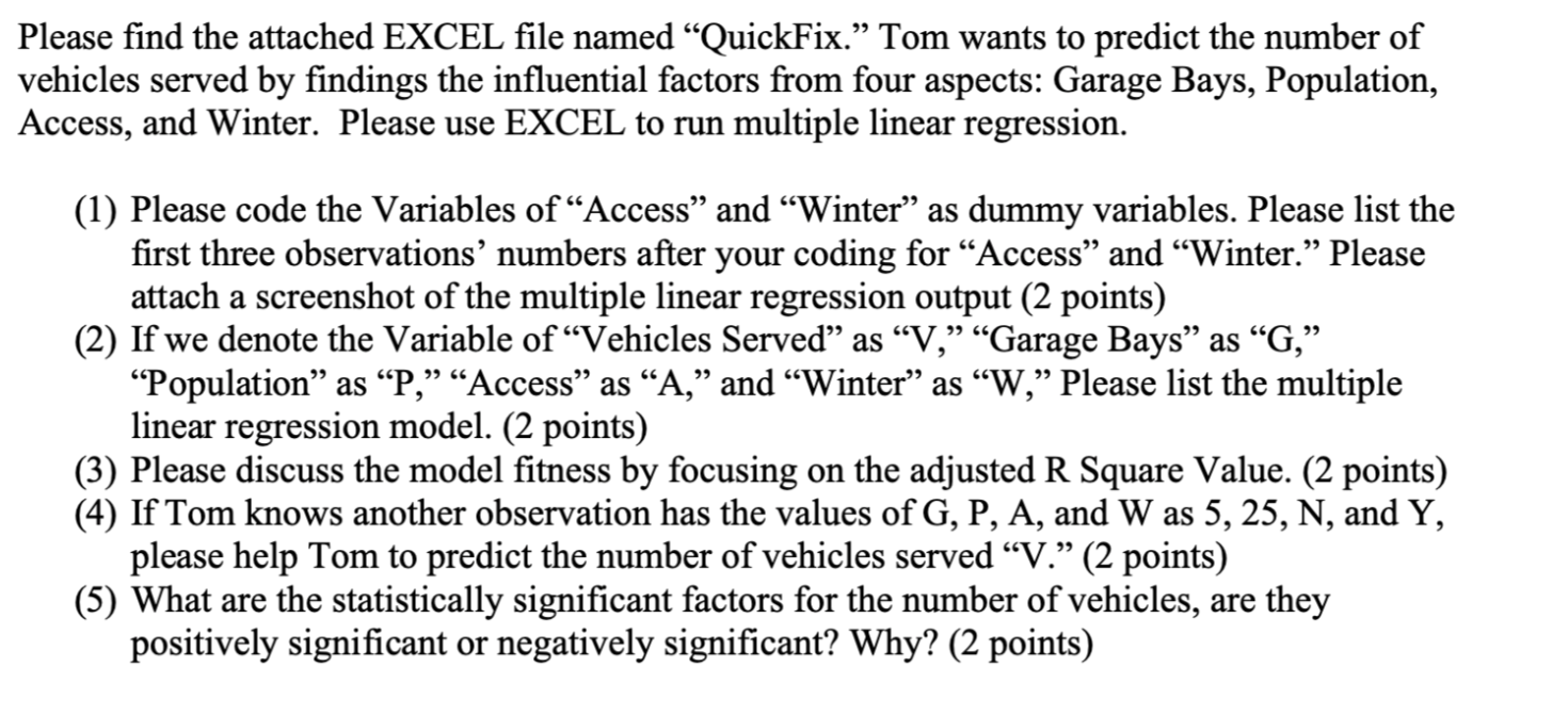 Solved Please find the attached EXCEL file named “QuickFix.” | Chegg.com