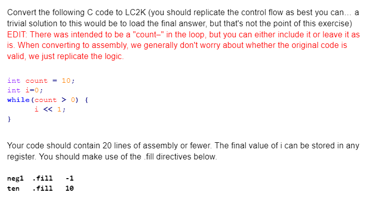 Convert the following C code to LC2K (you should | Chegg.com