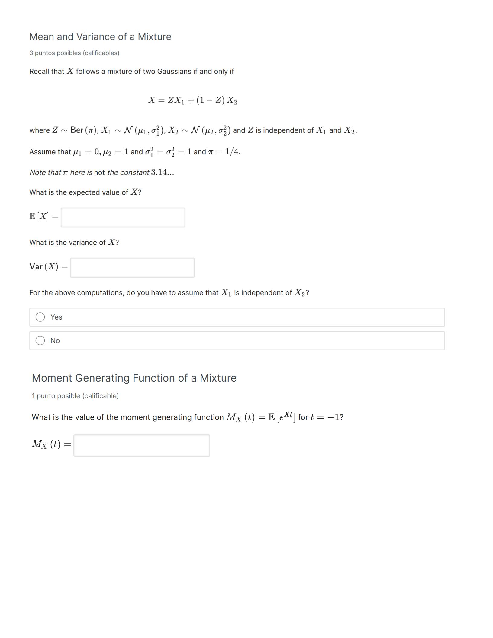 Solved Mean and Variance of a Mixture 3 puntos posibles | Chegg.com