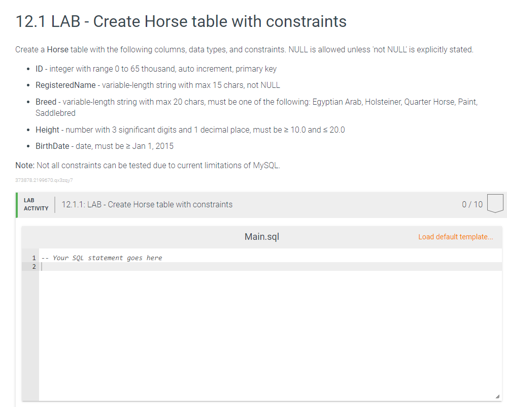 Solved 12.1 LAB - Create Horse table with constraints Create | Chegg.com