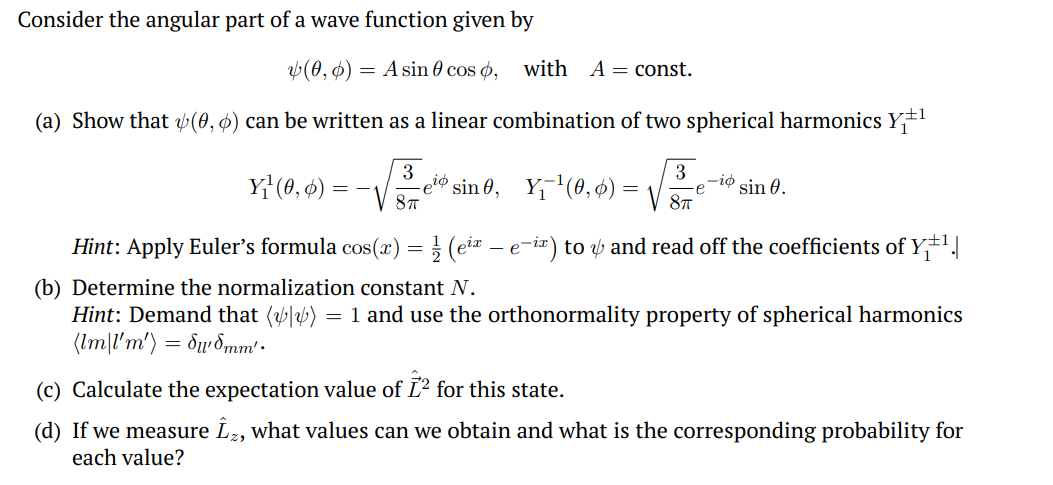 Solved Consider the angular part of a wave function given | Chegg.com