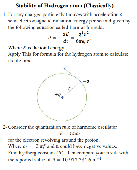 Solved Stability of Hydrogen atom (Classically) 1- For any | Chegg.com