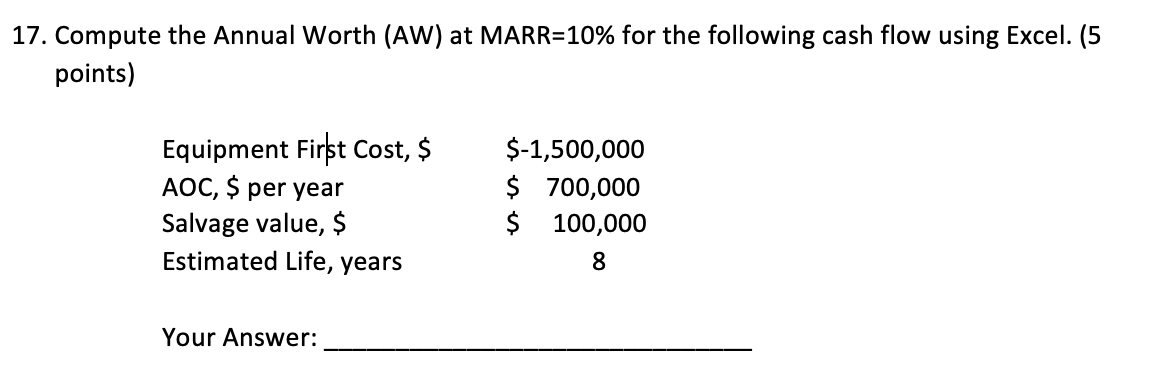 Solved 17. Compute the Annual Worth (AW) at MARR =10% for | Chegg.com