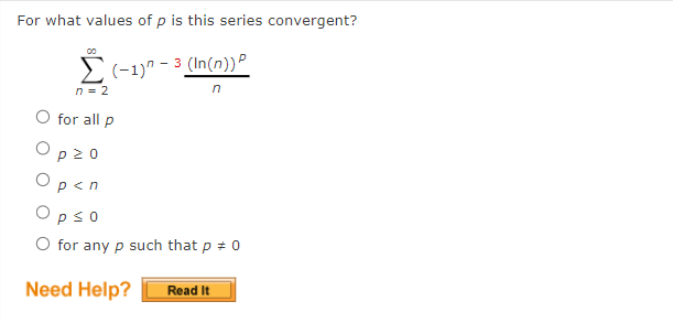 Solved For what values of p is this series convergent? | Chegg.com