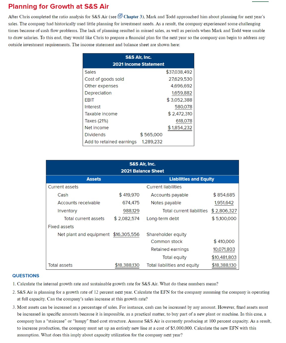 Solved Planning for Growth at S\&S Air After Chris completed | Chegg.com