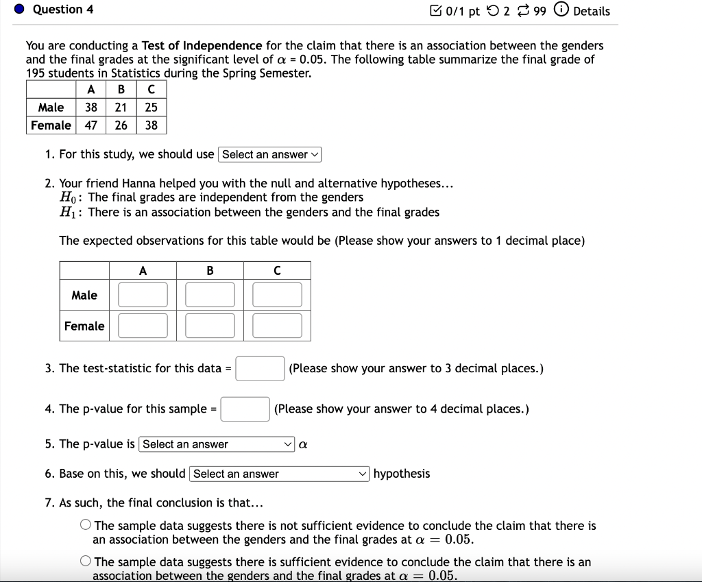 Solved Question 4 0/1 pt 299 Details You are conducting a | Chegg.com